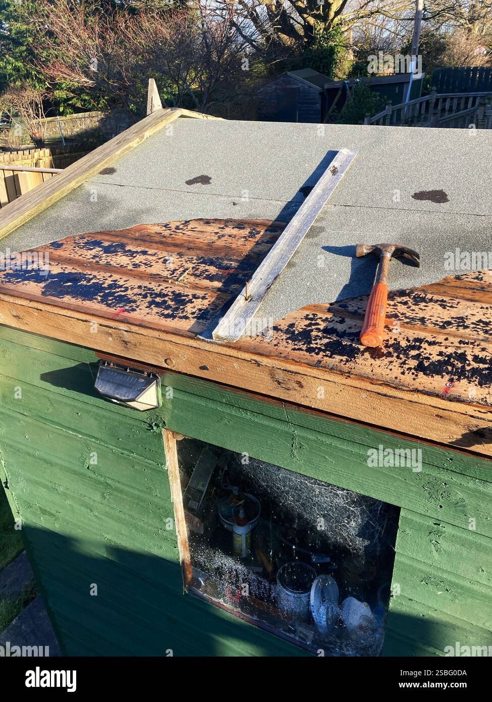 Old Garden Shed with a wind storm damaged roof with ripped felt and ...