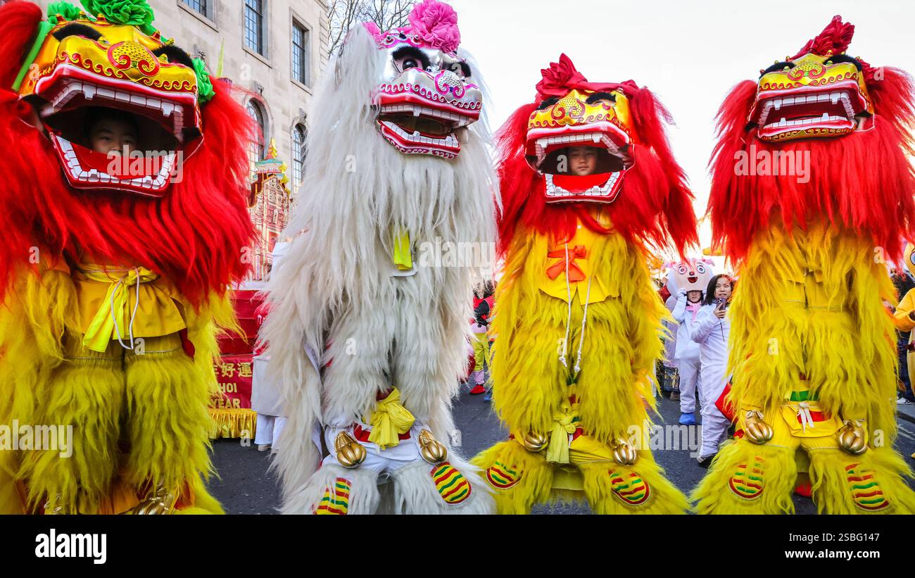 London, UK. 02nd Feb, 2025. A lion dancing group pose ahead of the ...