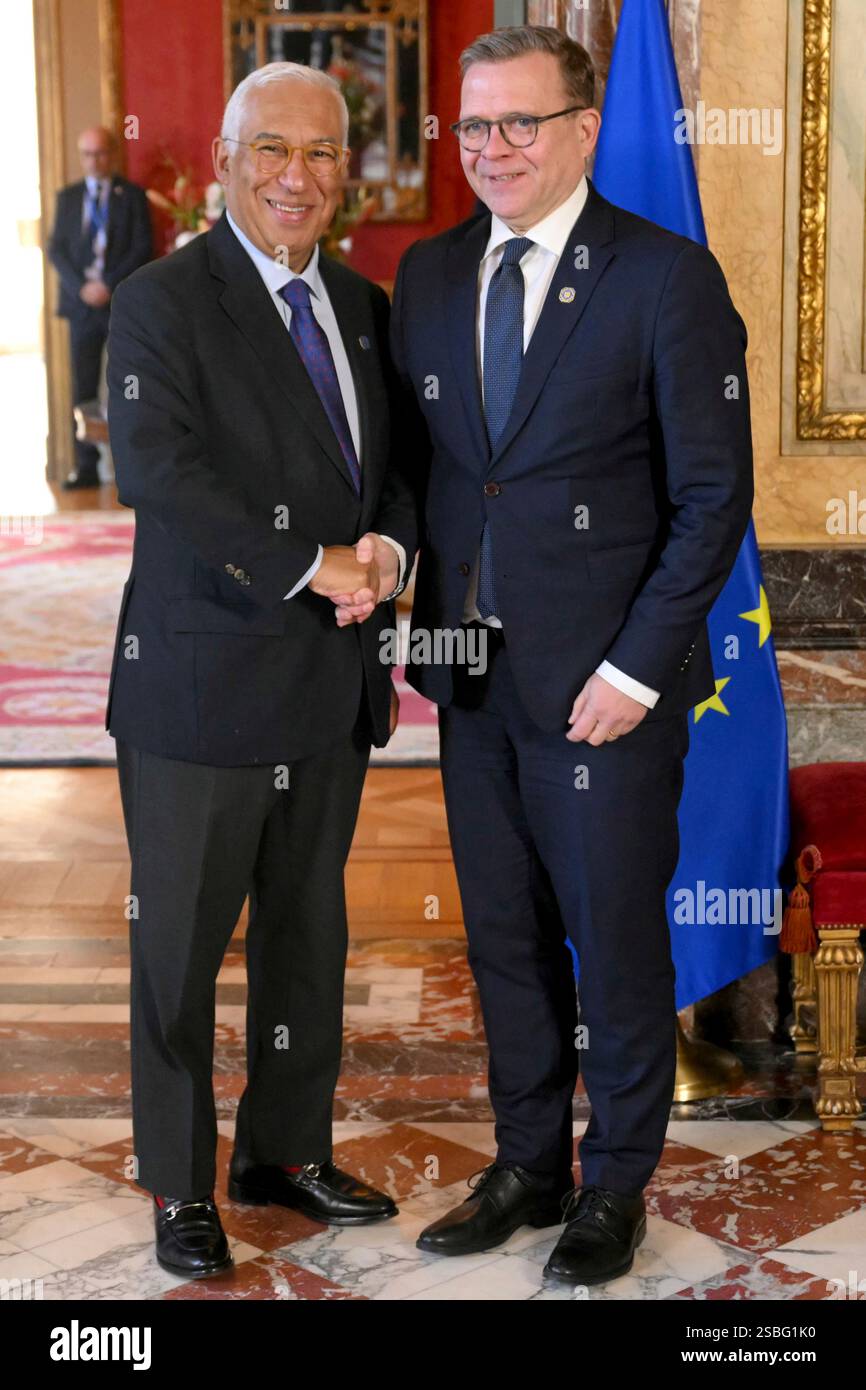 European Council President Antonio Costa, left, greets Finland's Prime Minister Petteri Orpo as ...