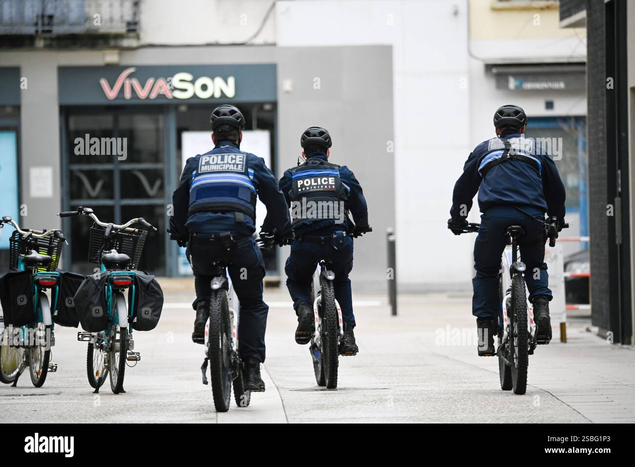 Bourg-en-Bresse (central-eastern France): local police, bike patrol officers. Police bike squad ...