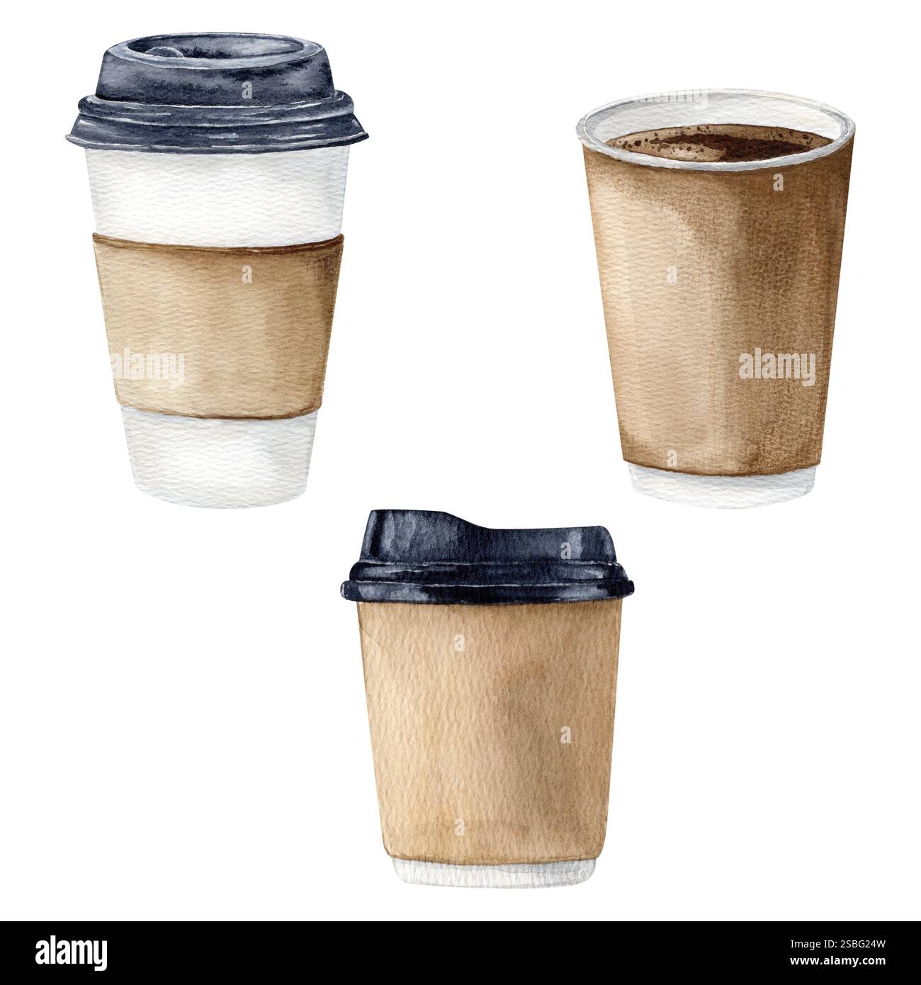 Watercolor set with three of a takeaway coffee in paper cups without ...