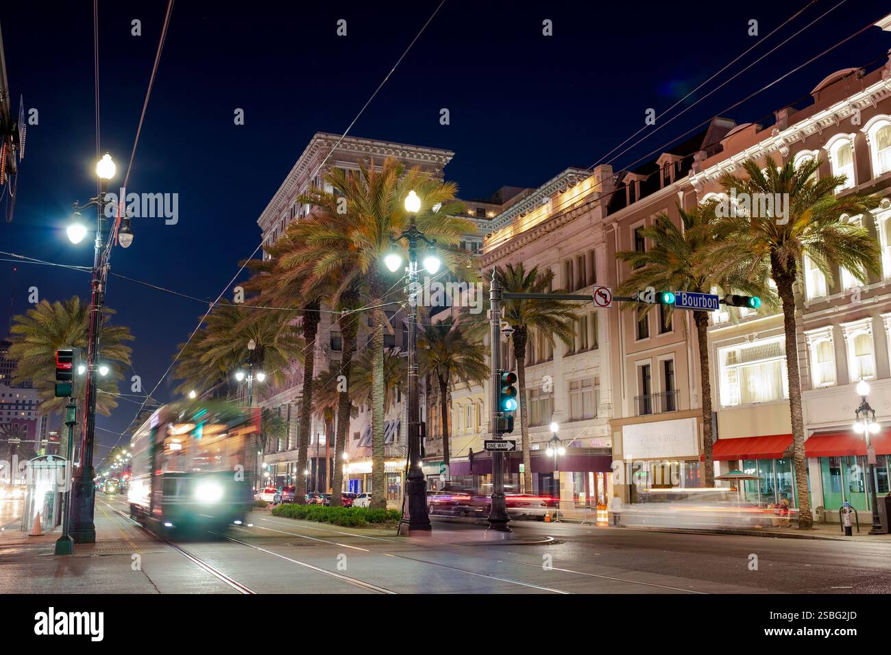 Trolley on Canal street lined with palm trees at night in New Orleans ...