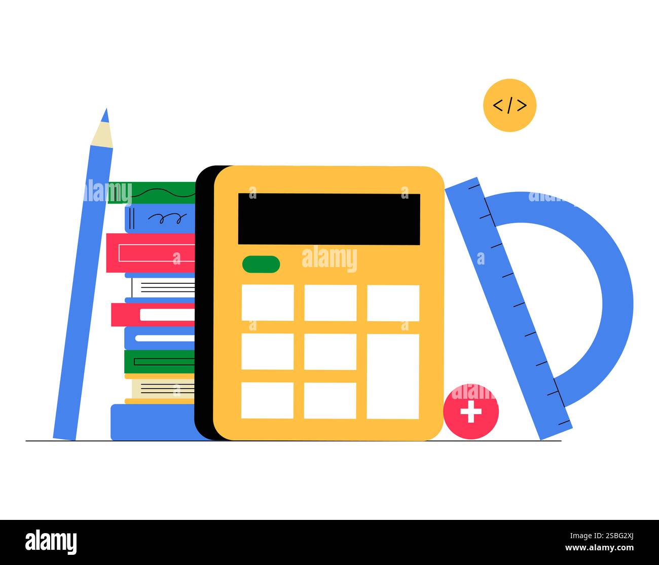 School Calculator With Books, Stationery, And Geometry Tools In Flat ...