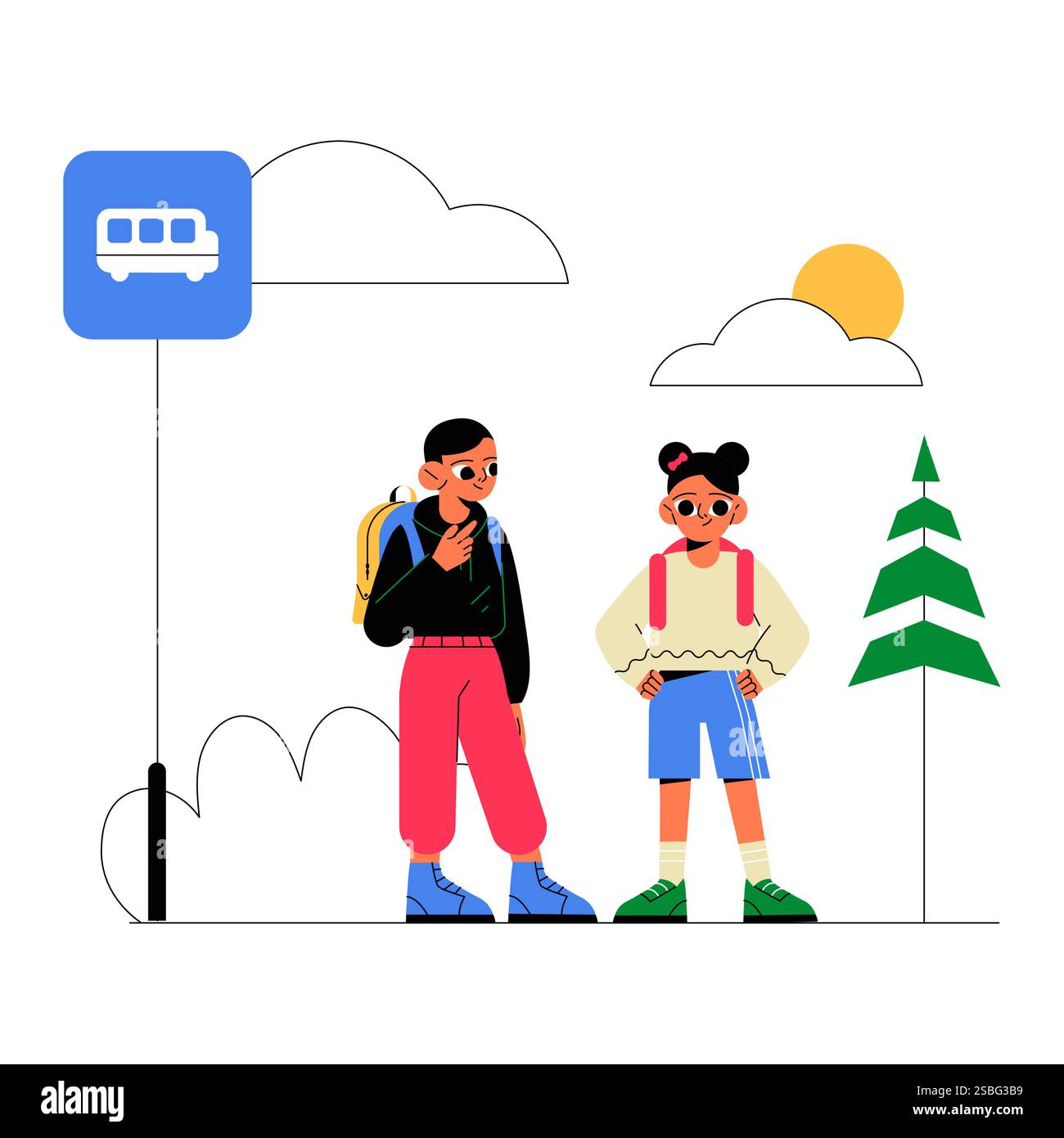 Students Waiting At Bus Stop In Flat Vector Illustration Symbolizing ...
