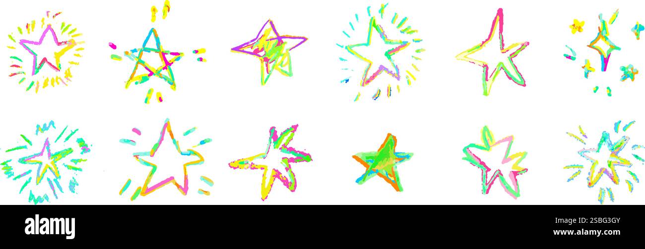 Set of colorful neon chalk drawing stars. Shine or sparkle doodle ...