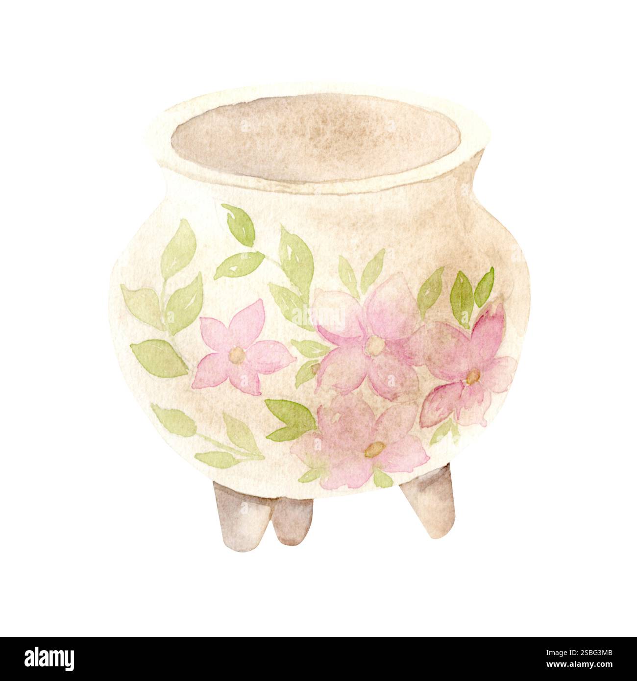 Watercolor illustration of a cute flower pot. The drawing is hand-drawn ...