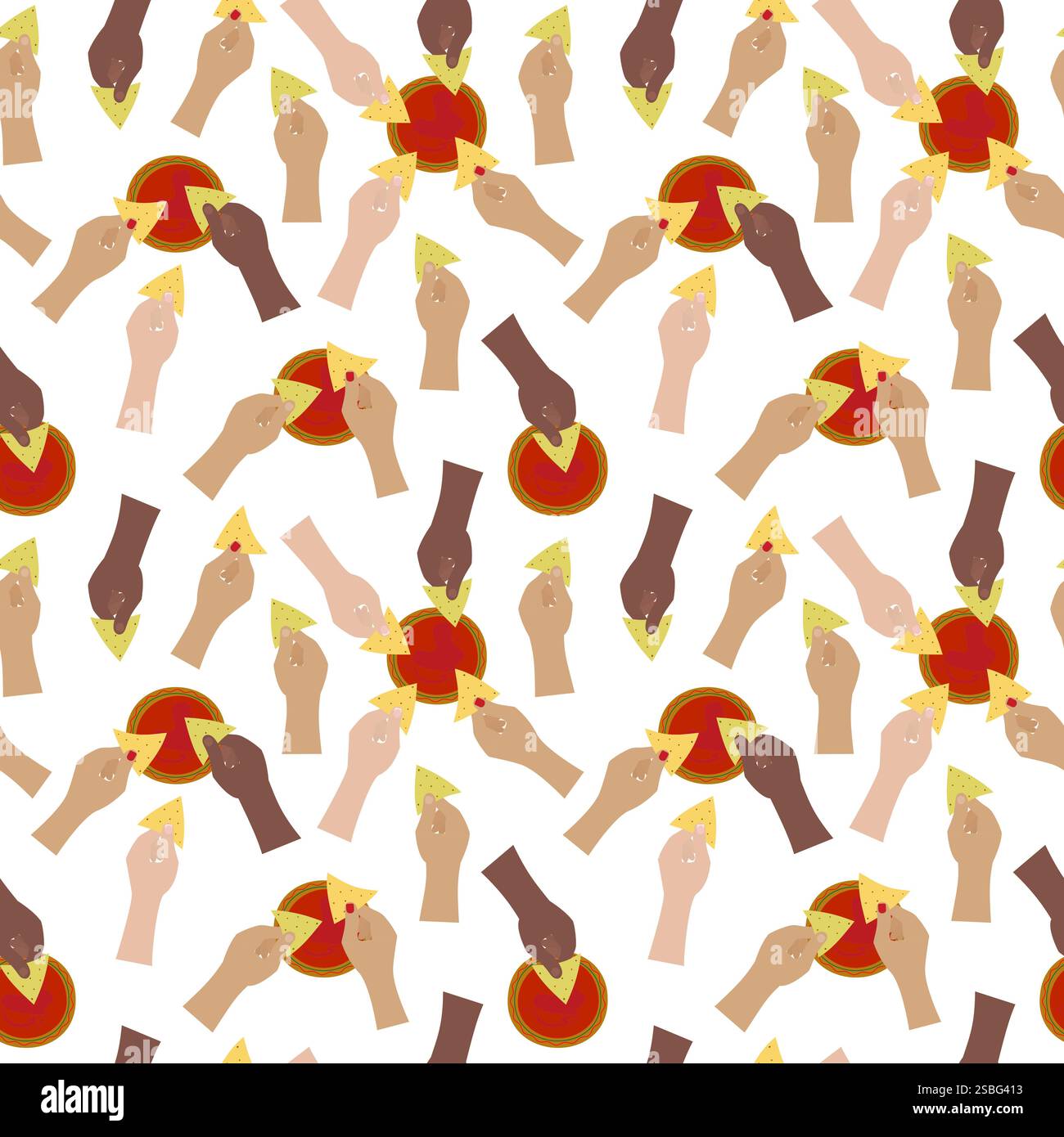 Female and Male hands different nationalities dip nacho in salsa sauce ...