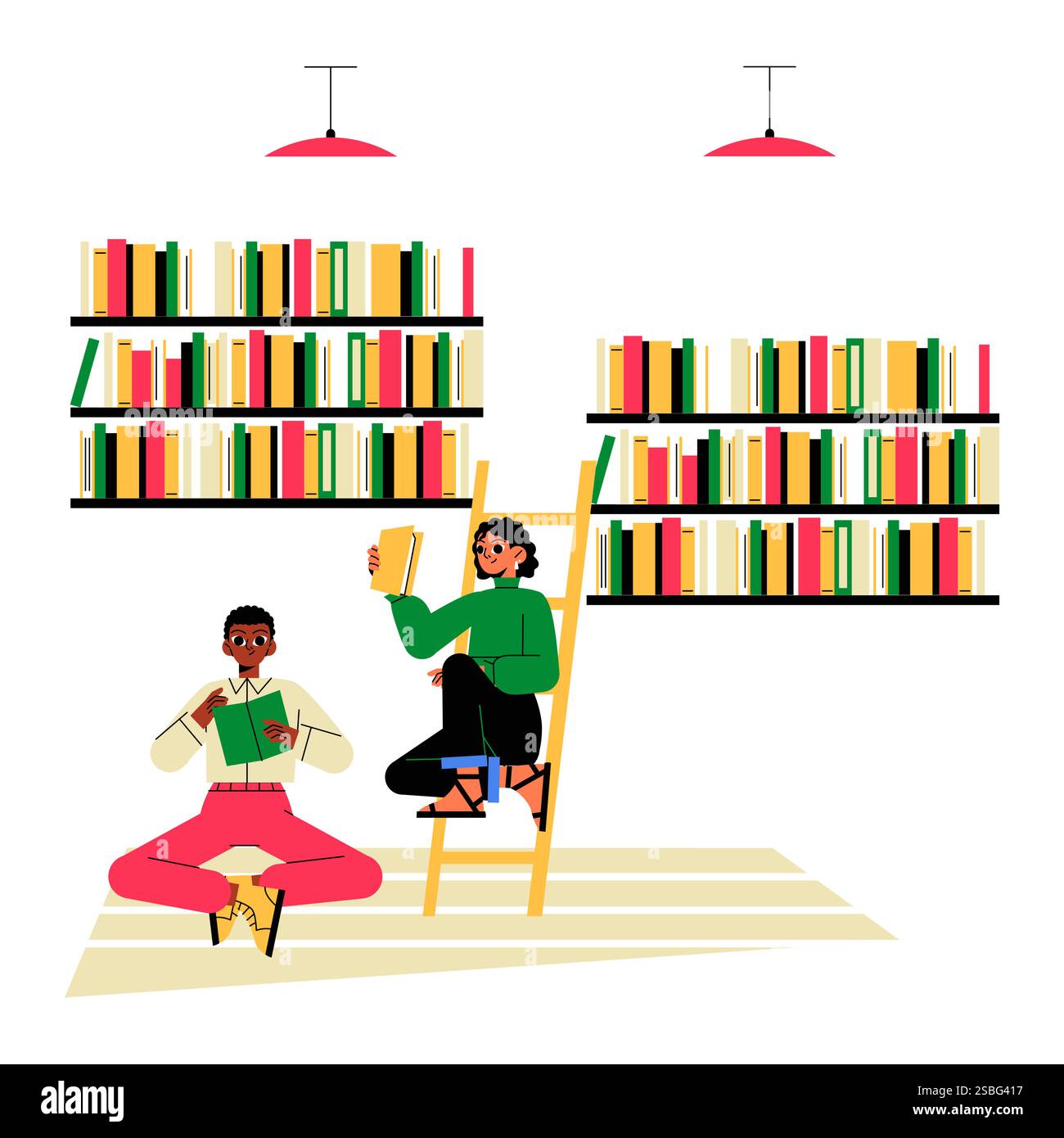 Library With Two People Reading Books In Flat Vector Illustration ...