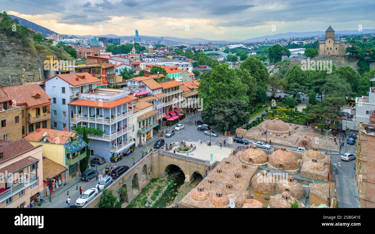 Aerial view of Tbilisi Old town with traditional wooden balconies and ...