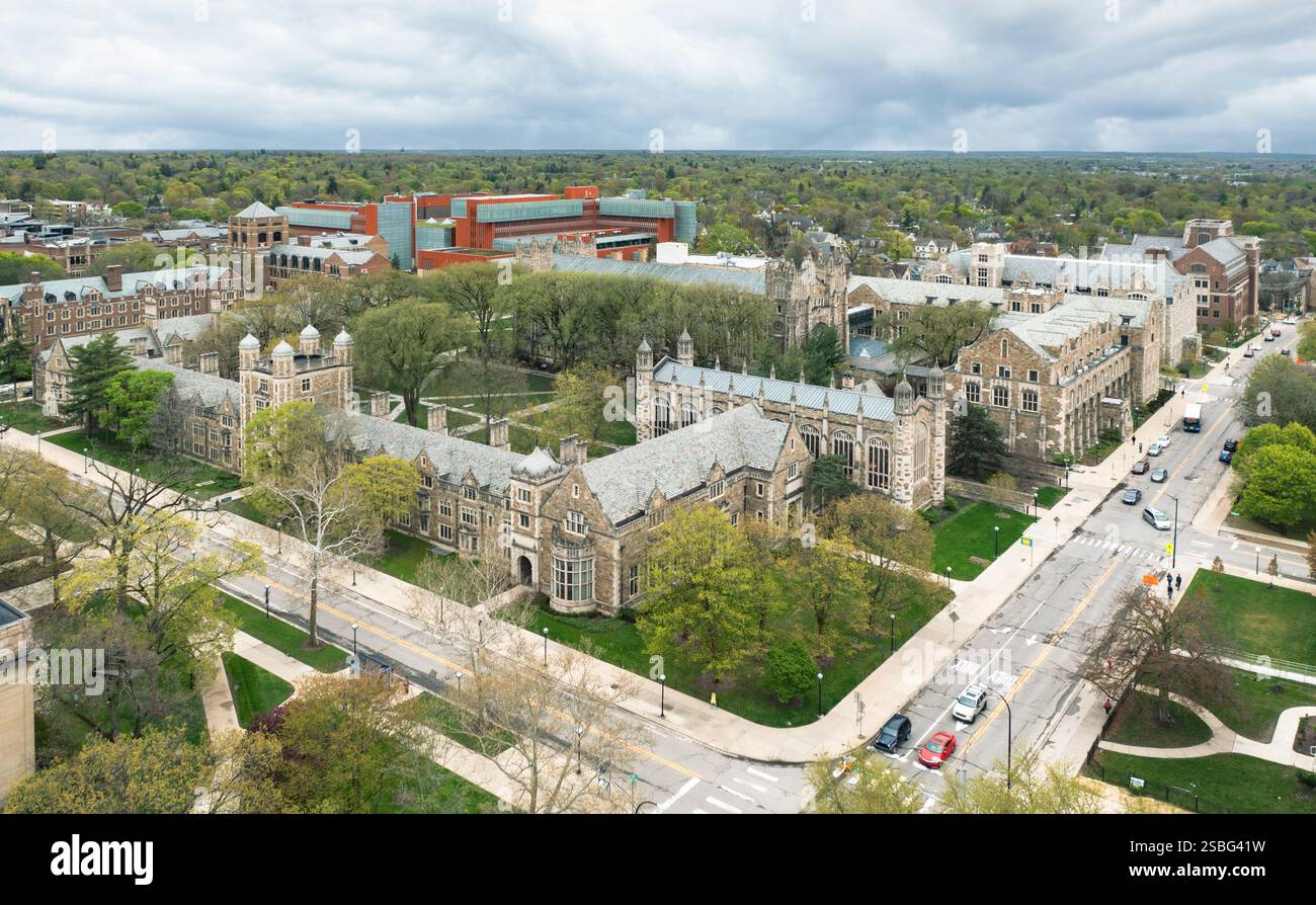 Aerial view of gothic style university buildings in Ann Arbor, part of ...