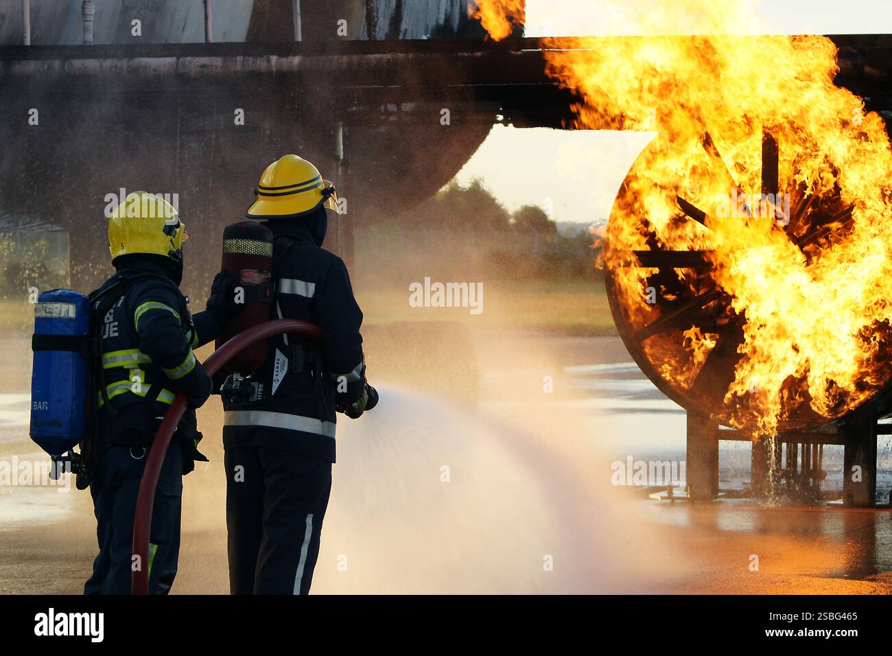 Aircraft engine fire at airport, airport emergency Stock Photo - Alamy