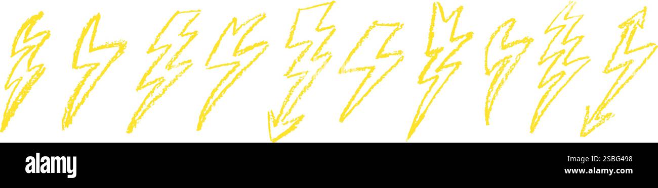 Set of lightning by wax pencil drawing. Collection of handdrawing chalk ...