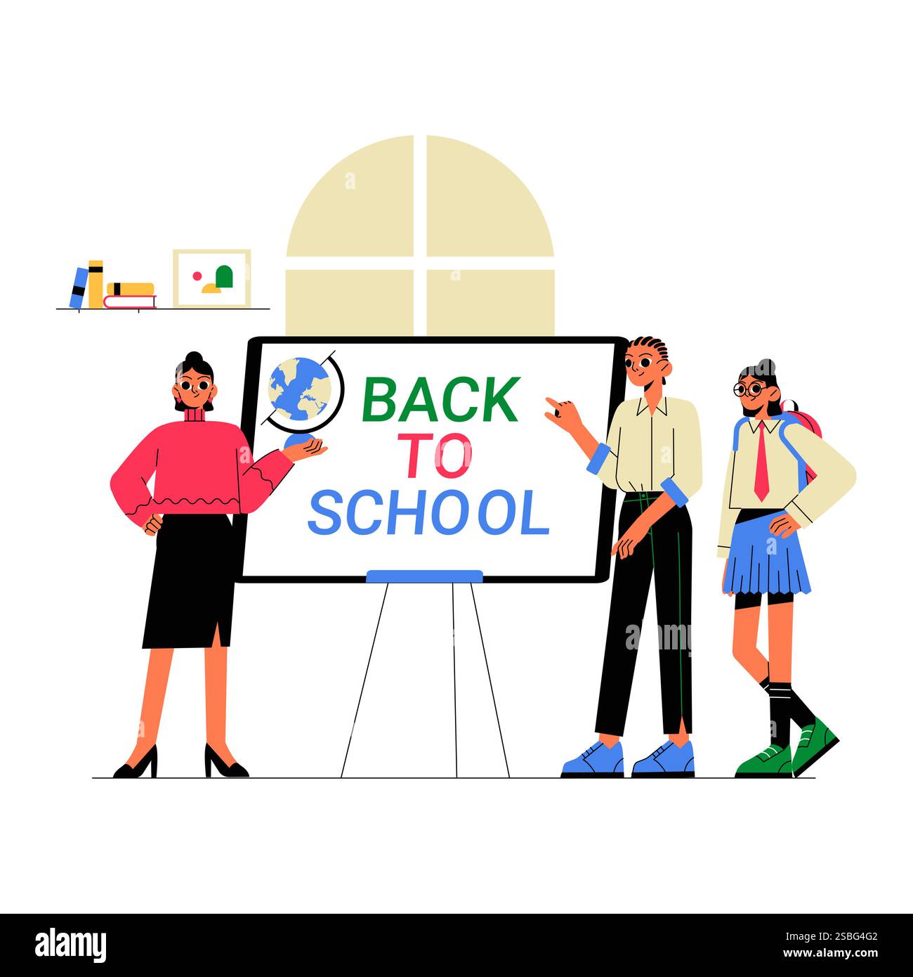 Back To School Presentation With Teacher And Students In Flat Vector ...