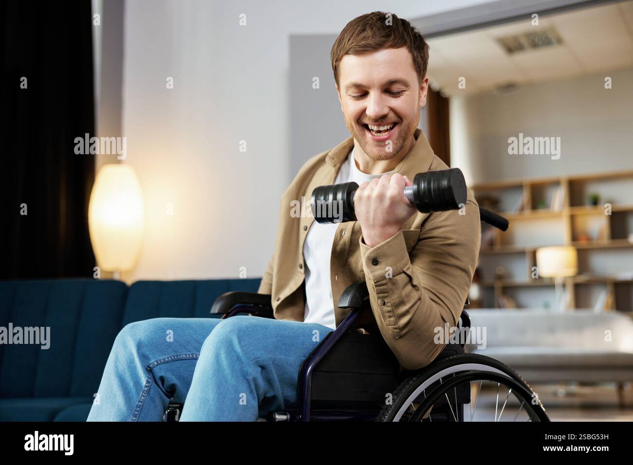 Physical rehabilitation for disabled people. Happy guy in wheelchair ...