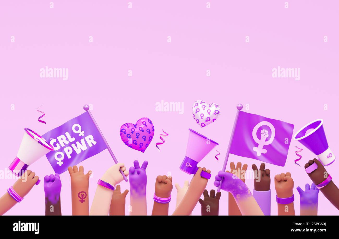 International Womens Day banner background with diverse hands raising ...