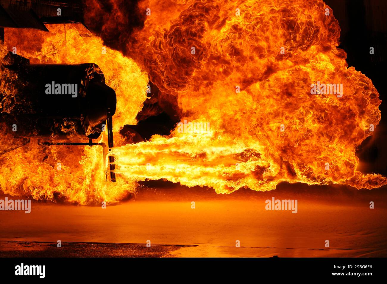 Aircraft engine fire at airport, airport emergency Stock Photo - Alamy
