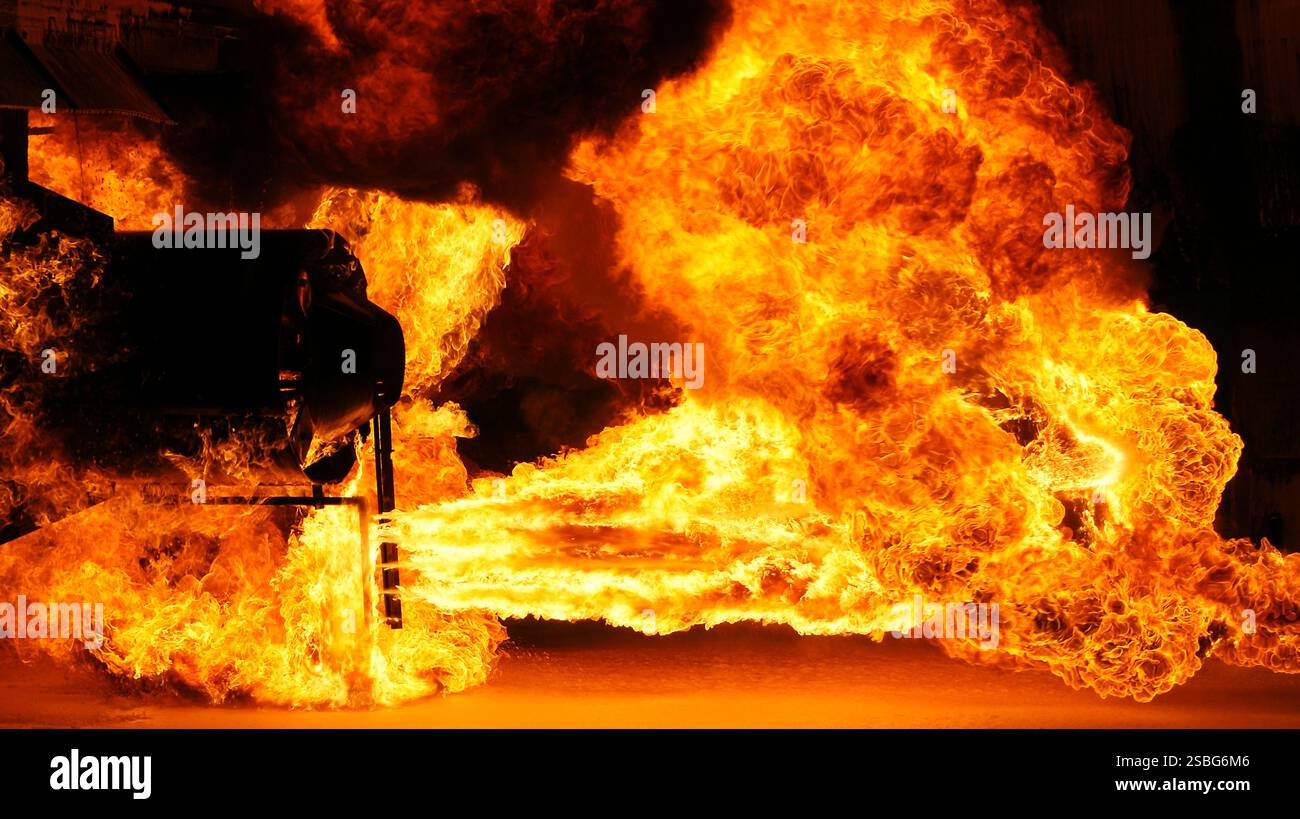 Aircraft engine fire at airport, airport emergency Stock Photo - Alamy