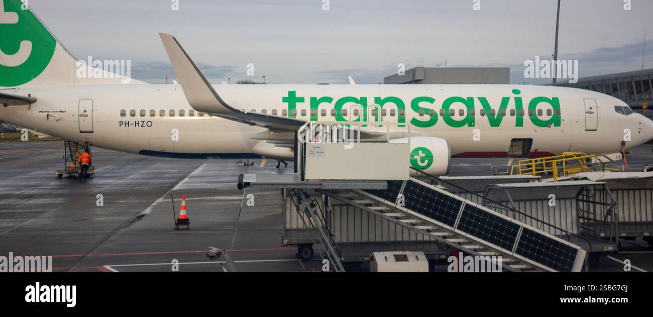 Dutch airport panorama of airbus Transavia company stationed ready for ...