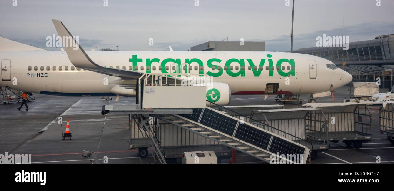 Dutch airport panorama of airbus Transavia company stationed ready for ...