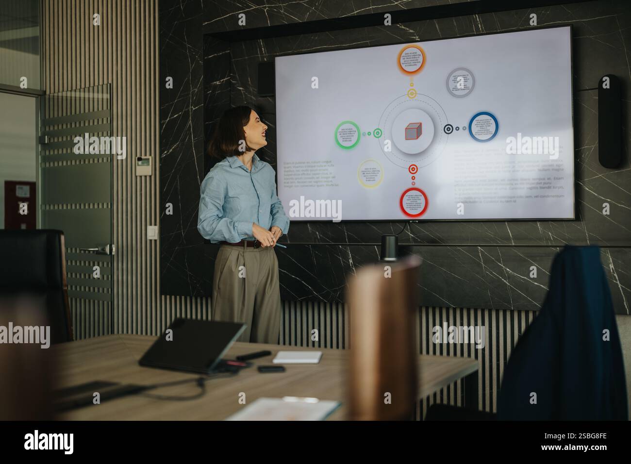 Professional woman presenting data in a modern business meeting room ...