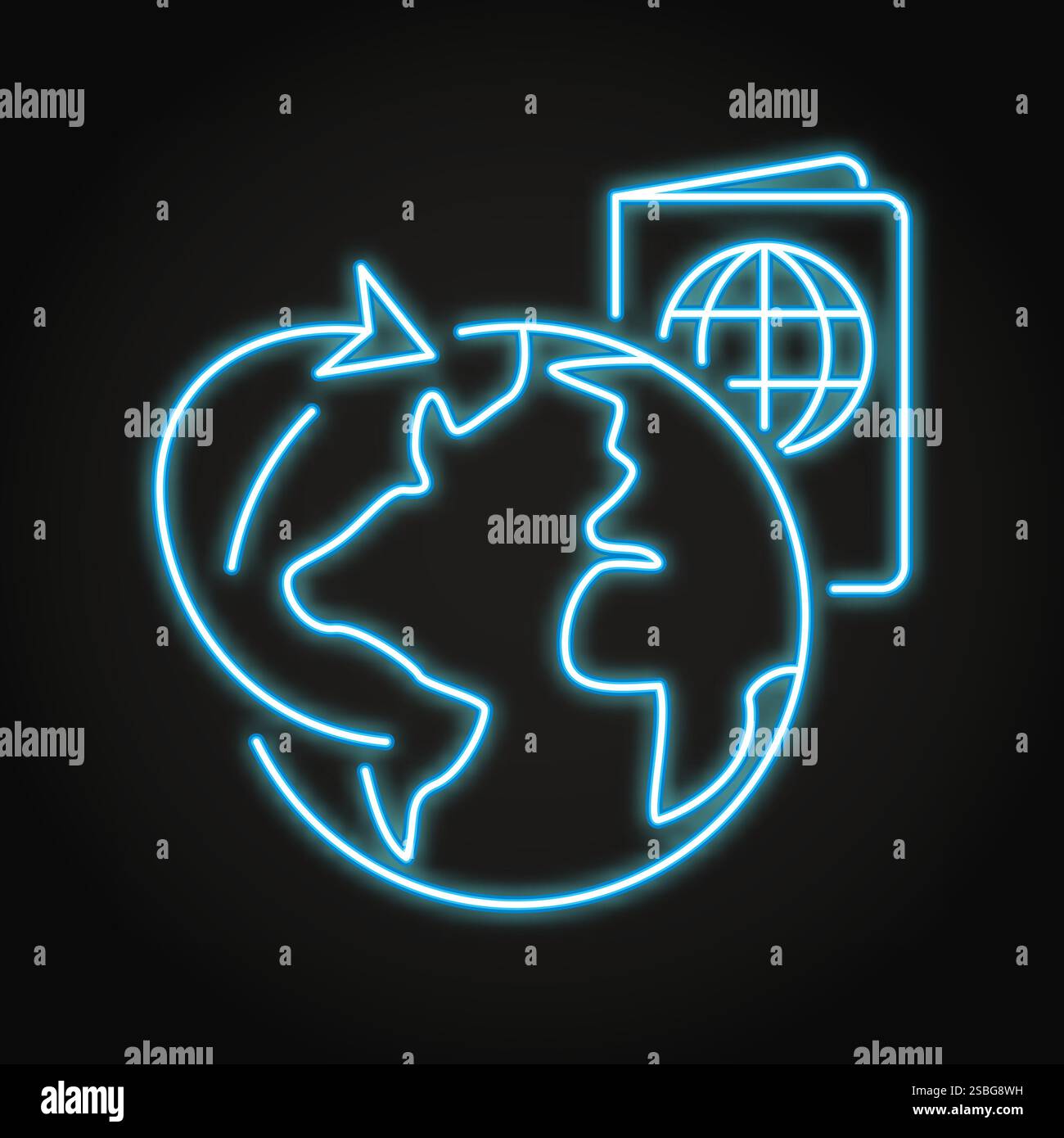 Emigration and immigration neon icon. International journey, document ...