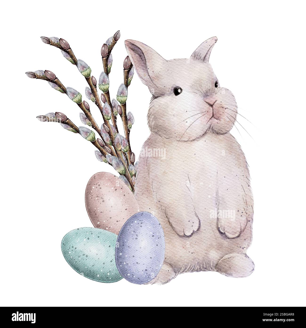 Illustration of a cute Easter bunny with willow branches and colorful ...