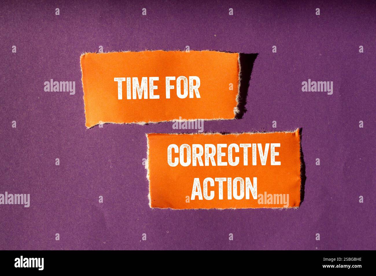 Time for corrective action message written on ripped torn orange paper ...