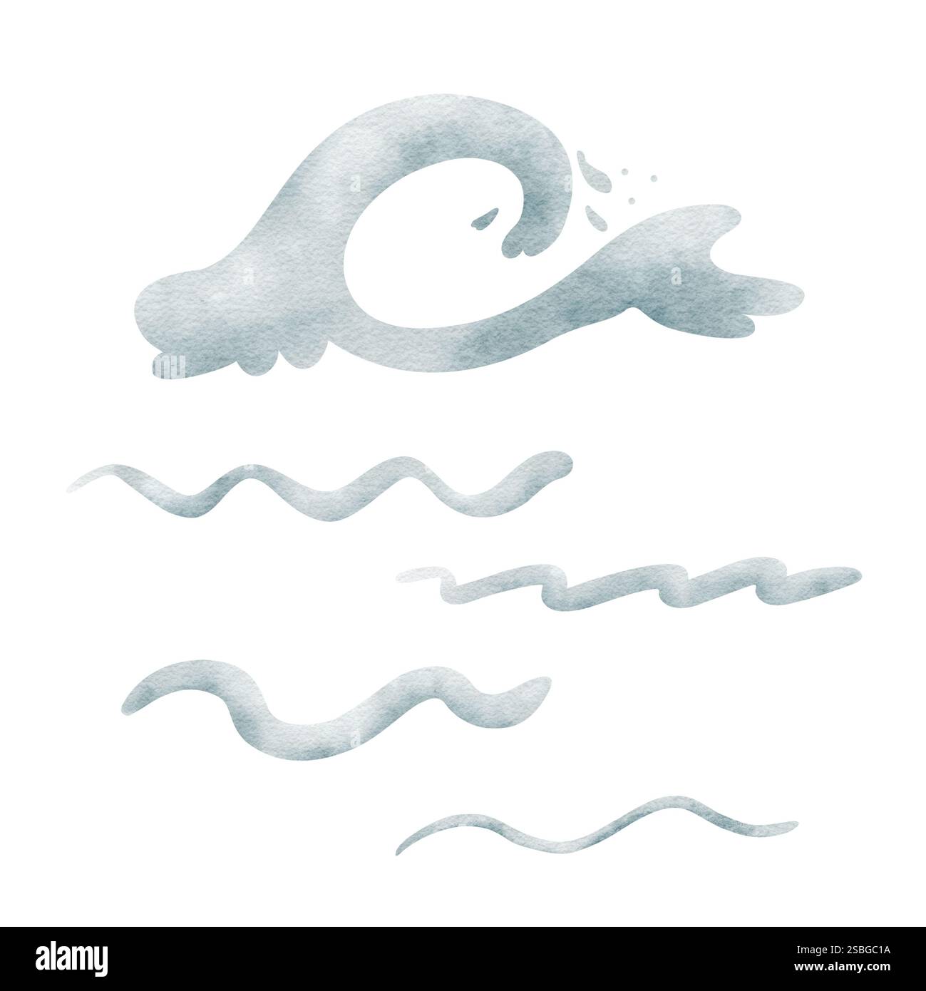 Watercolor sea waves, splashes, drops. Set of wavy lines, hand drawn ...