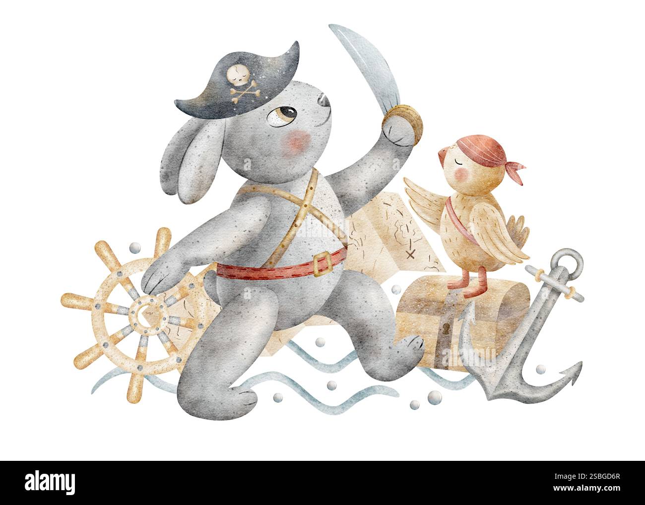 Watercolor composition of hare pirate, parrot sailor, anchor, ship's ...