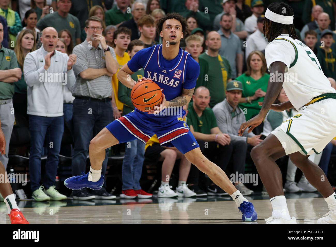 WACO, TX - FEBRUARY 01: Kansas Jayhawks guard Zeke Mayo (5) steps to ...