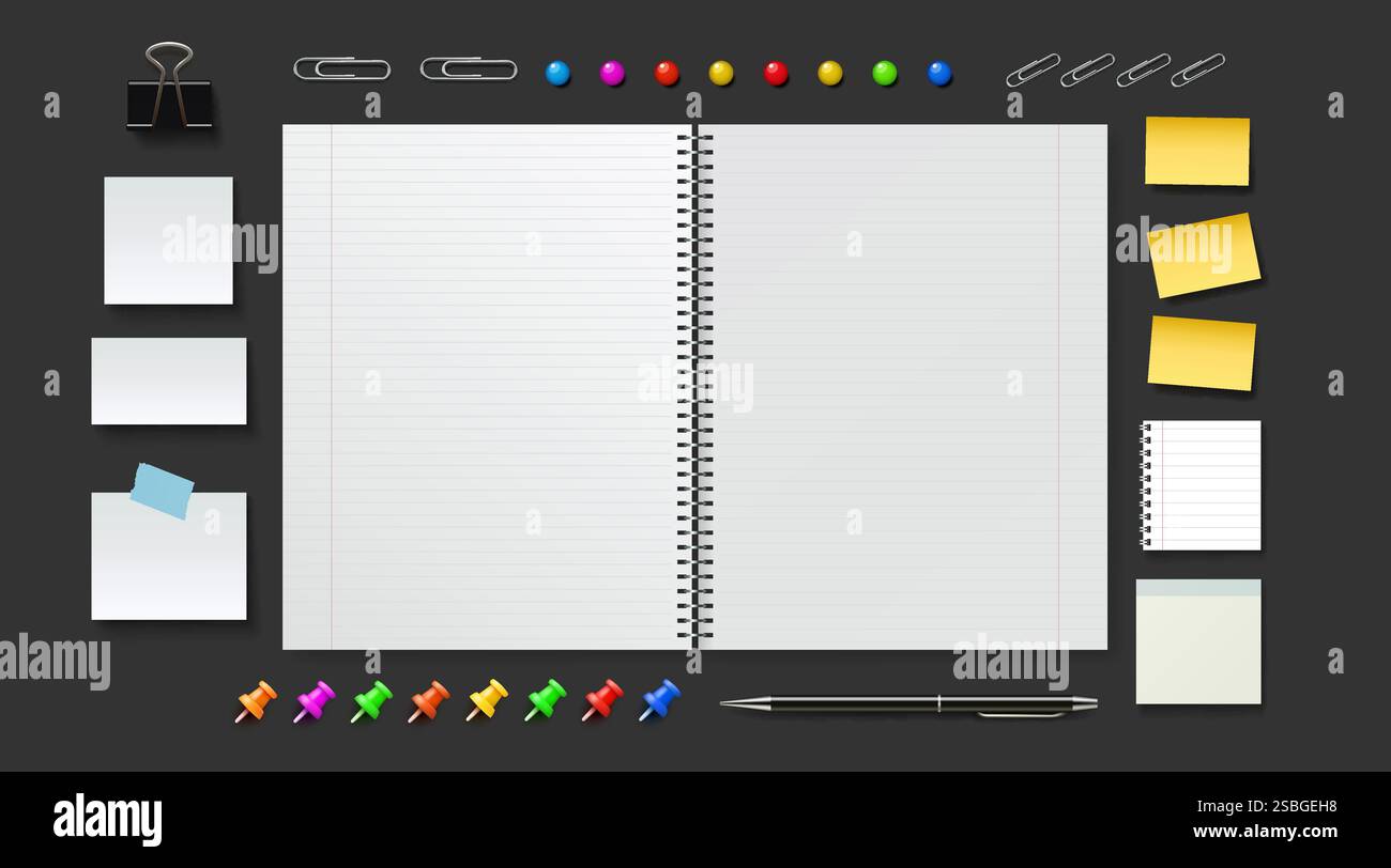 Notebook and note paper sheets, office supplies. Vector Stock Vector ...