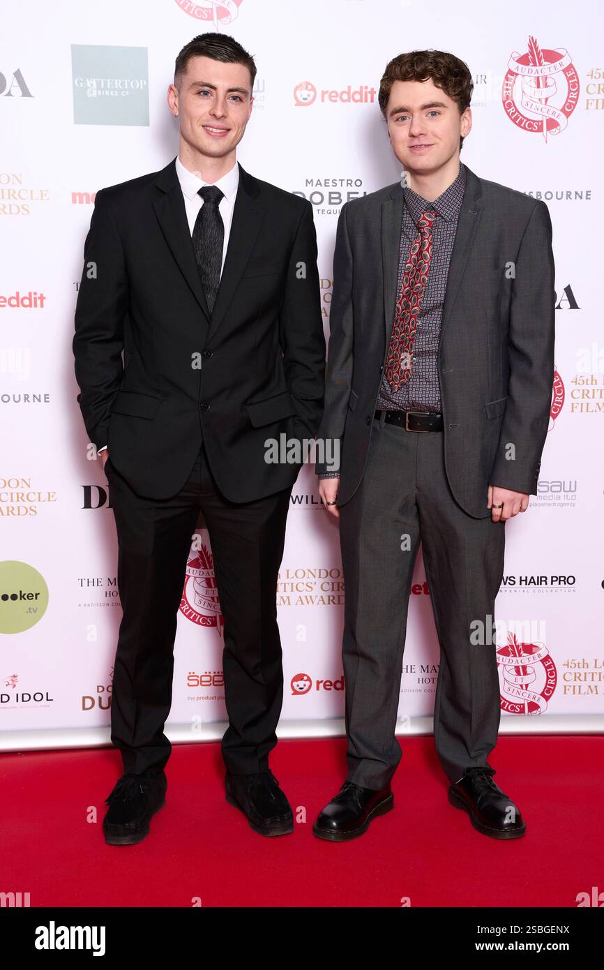 Ruairi Bradley, left, and Thomas Purdy pose for photographers upon ...