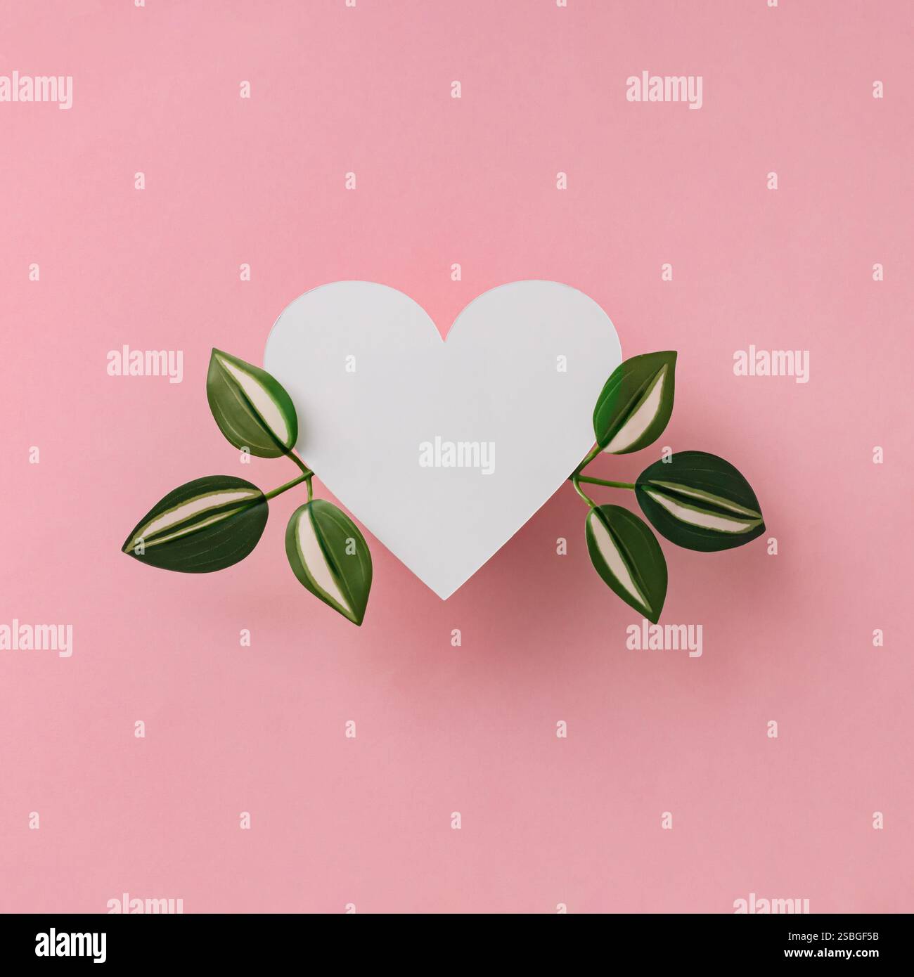 Trendy romantic layout made with white and green leaves and paper heart ...
