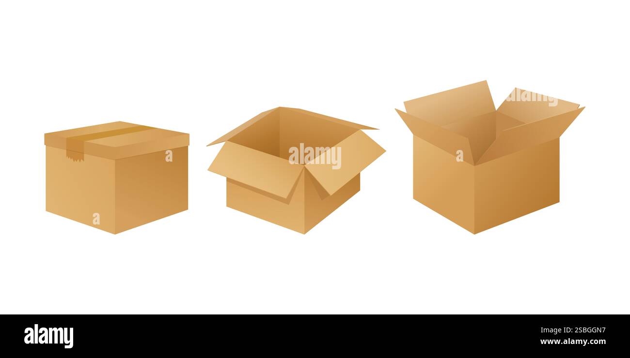 Collection of cardboard box mockups. Shipping carton open and closed ...