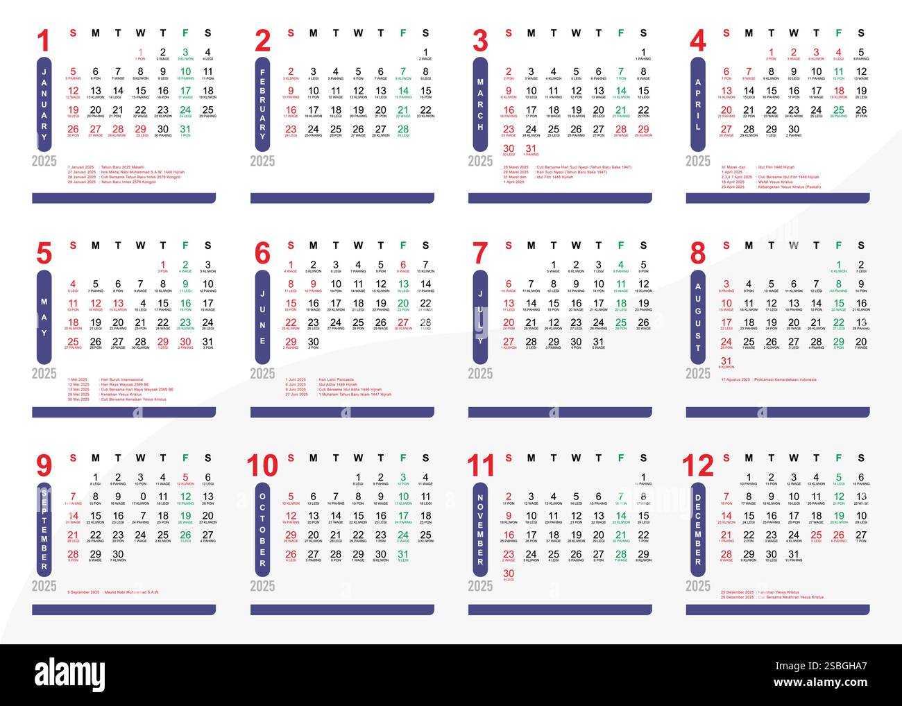 Calendar layout design 2025 with Indonesia National Holidays and ...