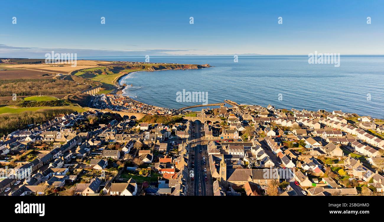 Cullen Moray Scotland view over the town and the A98 road leading ...