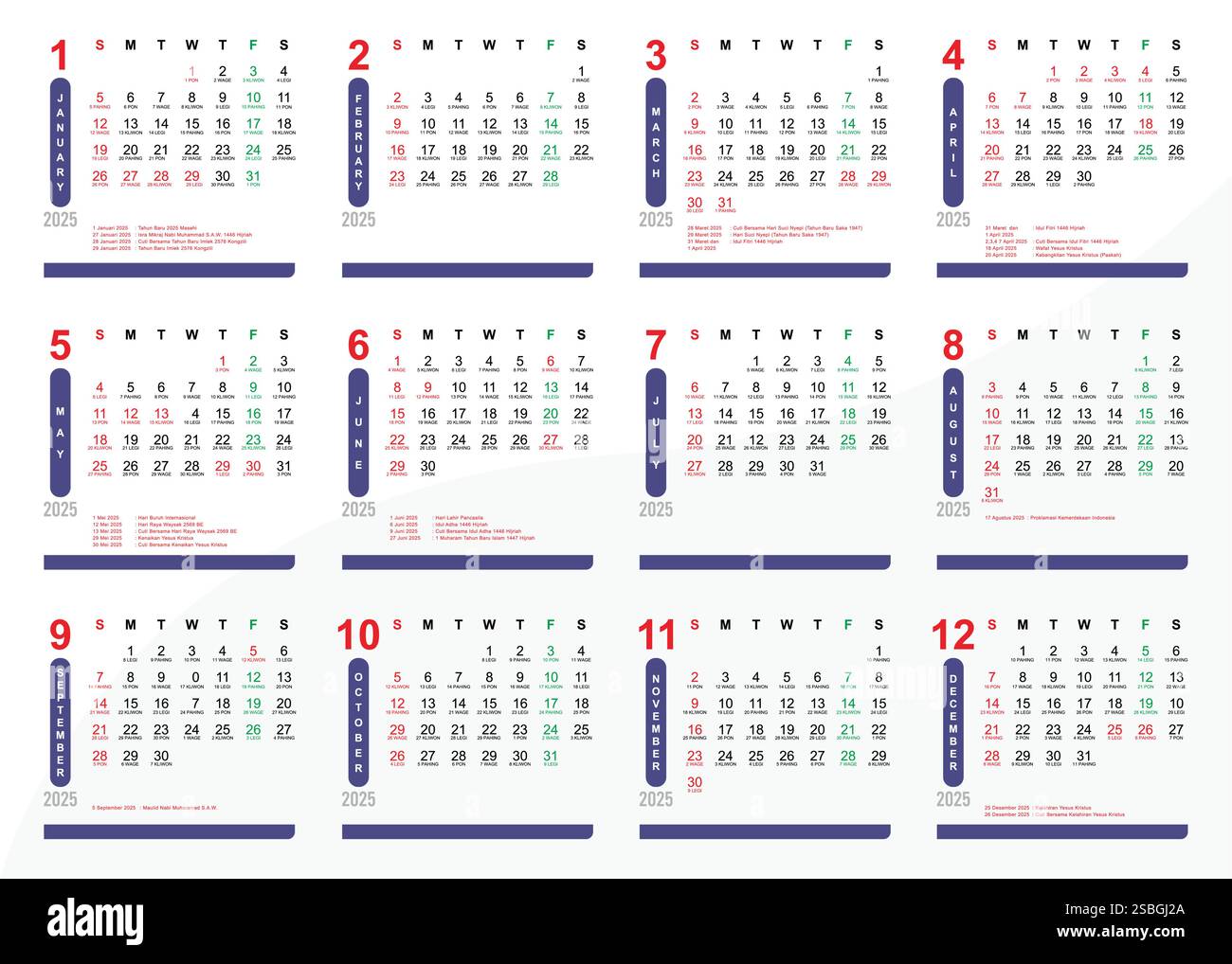 Calendar layout design 2025 with Indonesia National Holidays and ...