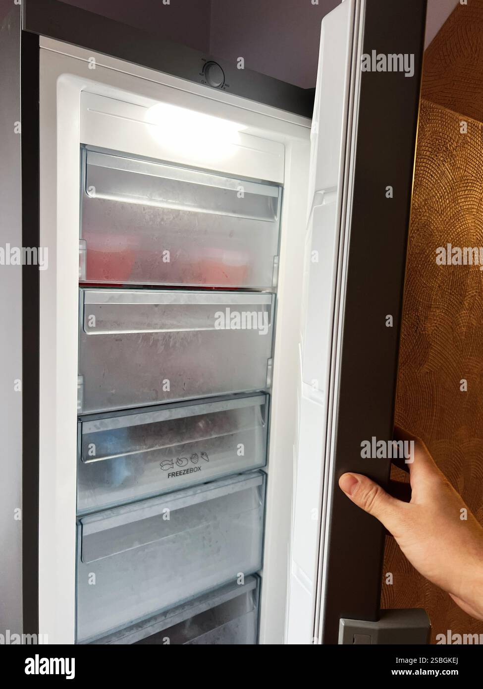 A person opens a contemporary freezer door, revealing organized frost ...