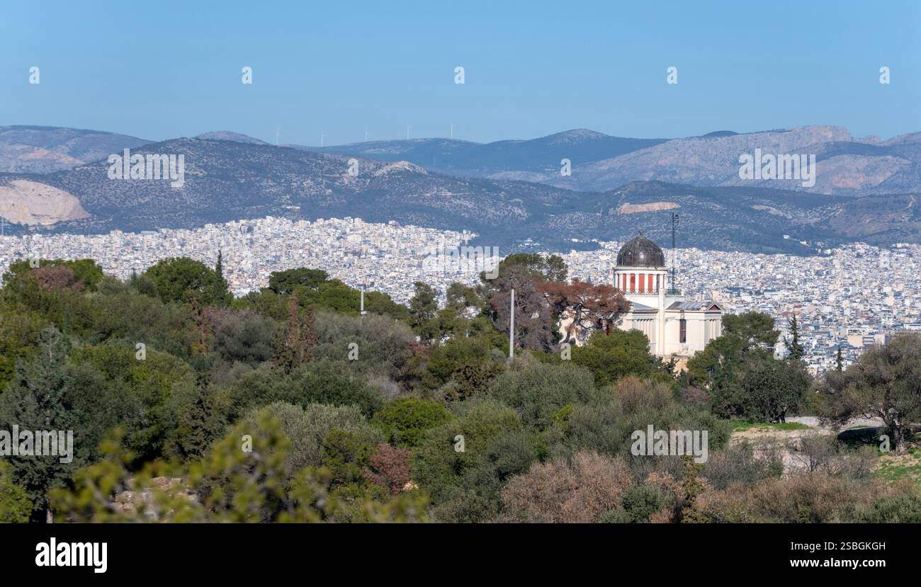 Athens, Greece. National observatory building up on the hill, blue sky ...
