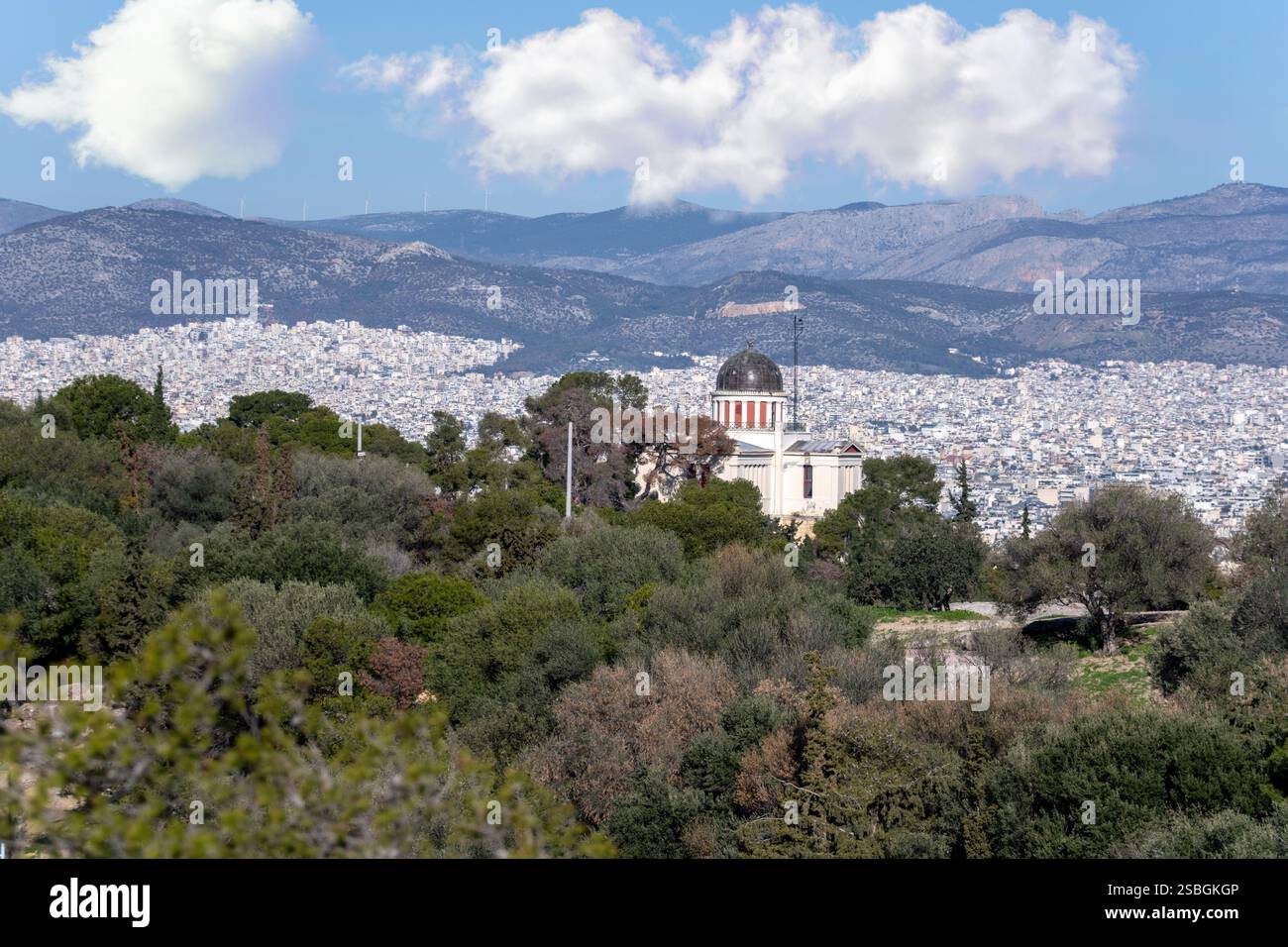 Athens, Greece. National observatory building up on the hill, blue sky ...