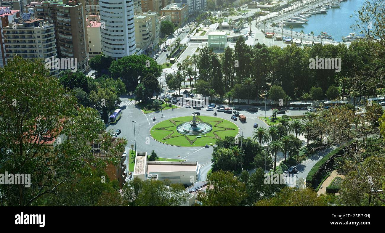An aerial view of Plaza de la Marina in Malaga Spain featuring a ...