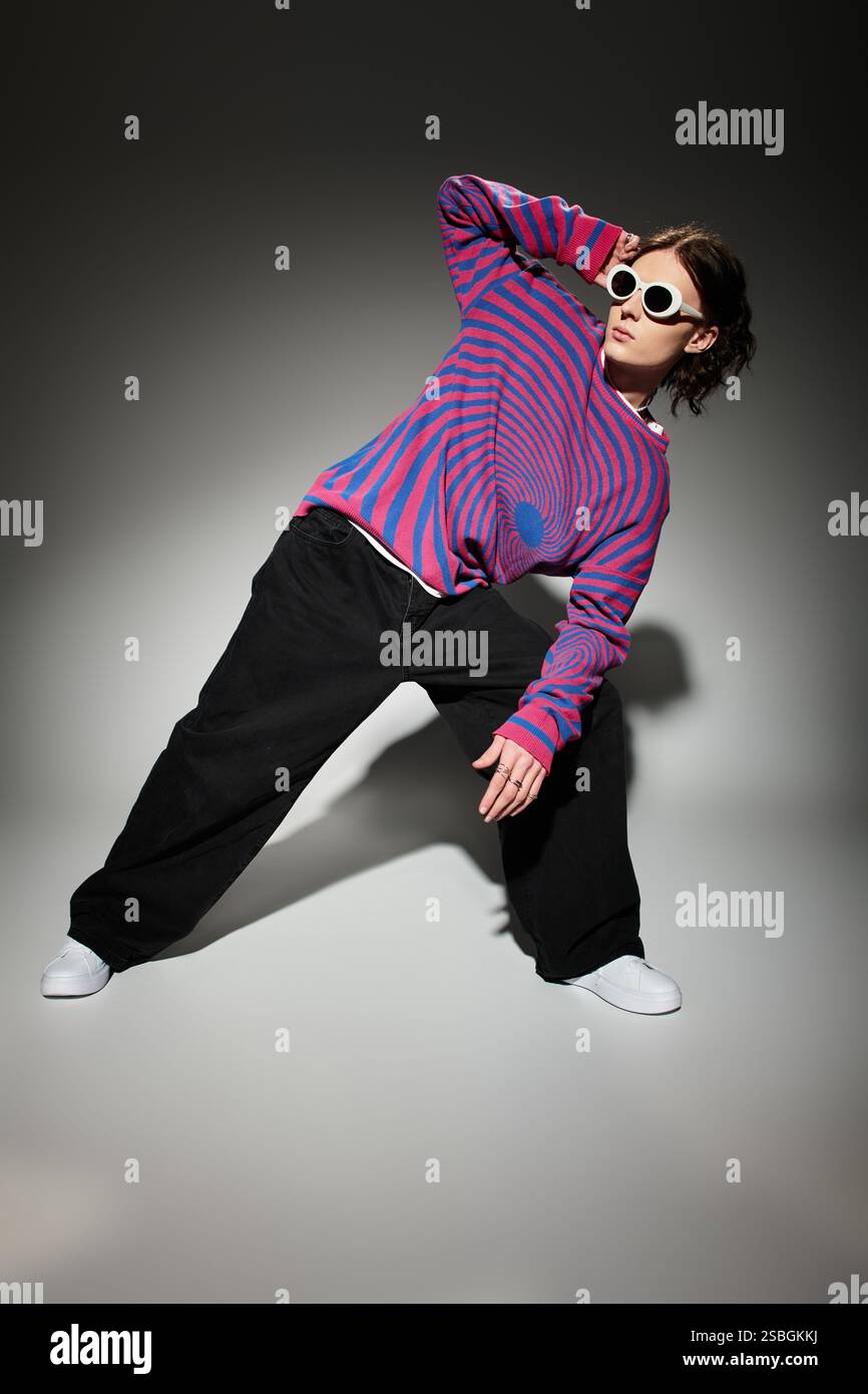 Confident young man showcases unique fashion sense with bold colors and ...