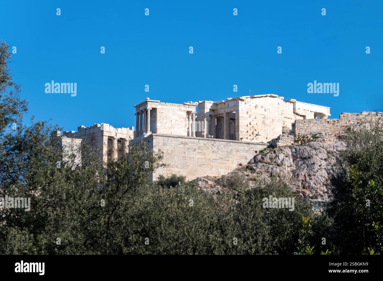 Athens, Greece. Acropolis propylaea gate remains, view from Philopappos ...