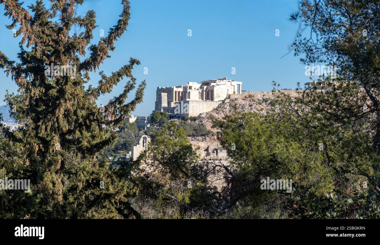 Athens, Greece. Acropolis propylaea gate remains, view from Philopappos ...