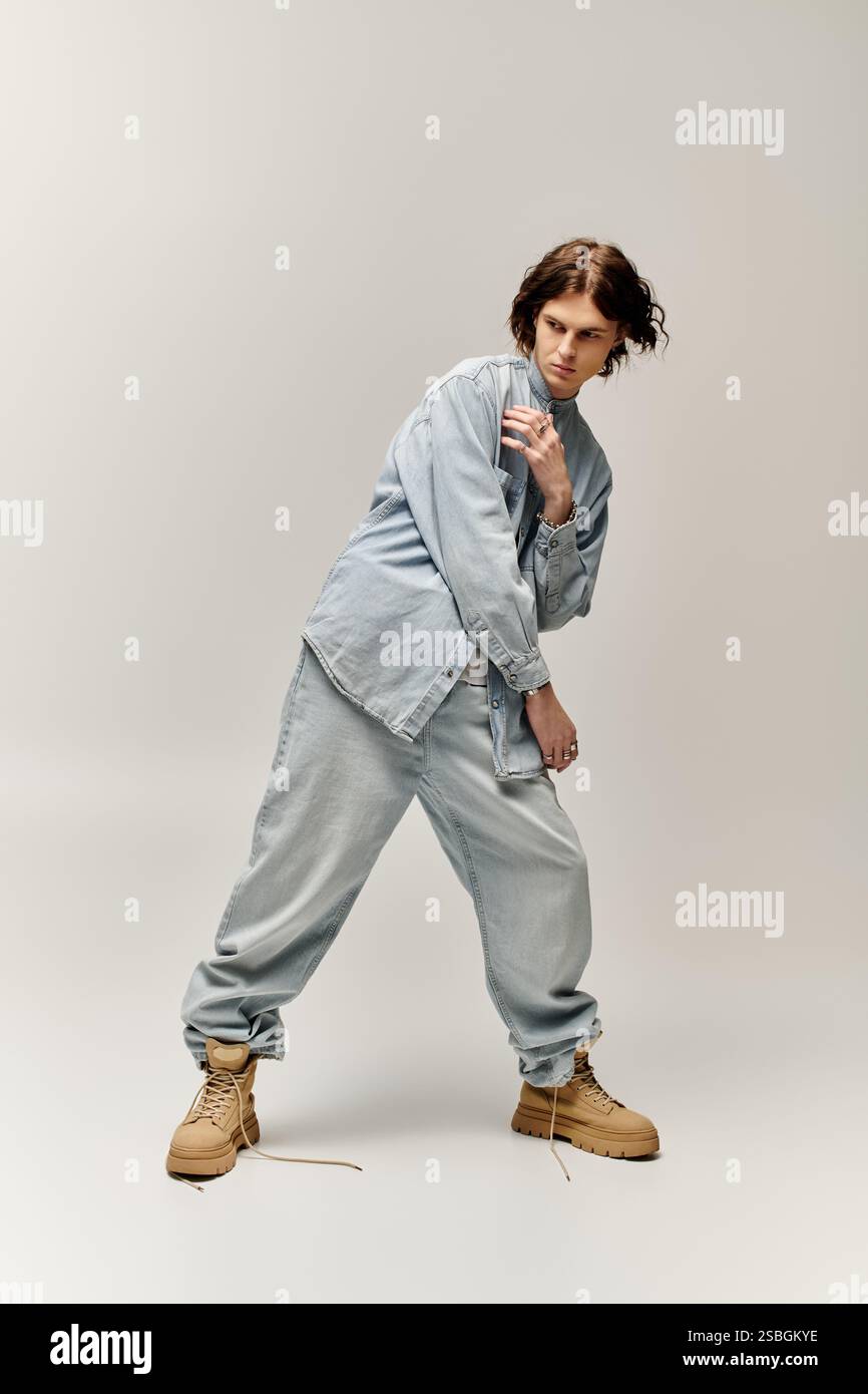 Confident young man showcases his fashion sense with a trendy denim ...