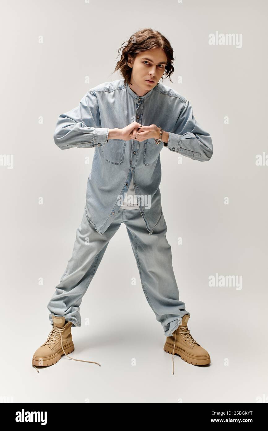 Handsome young man strikes a bold pose in trendy denim attire ...