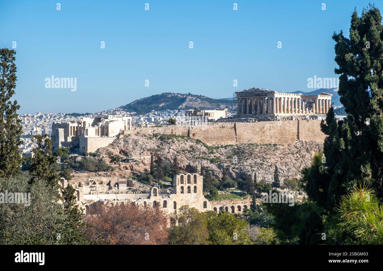 Athens, Greece. Parthenon and Propylaea, Acropolis hill and Herodeion ...
