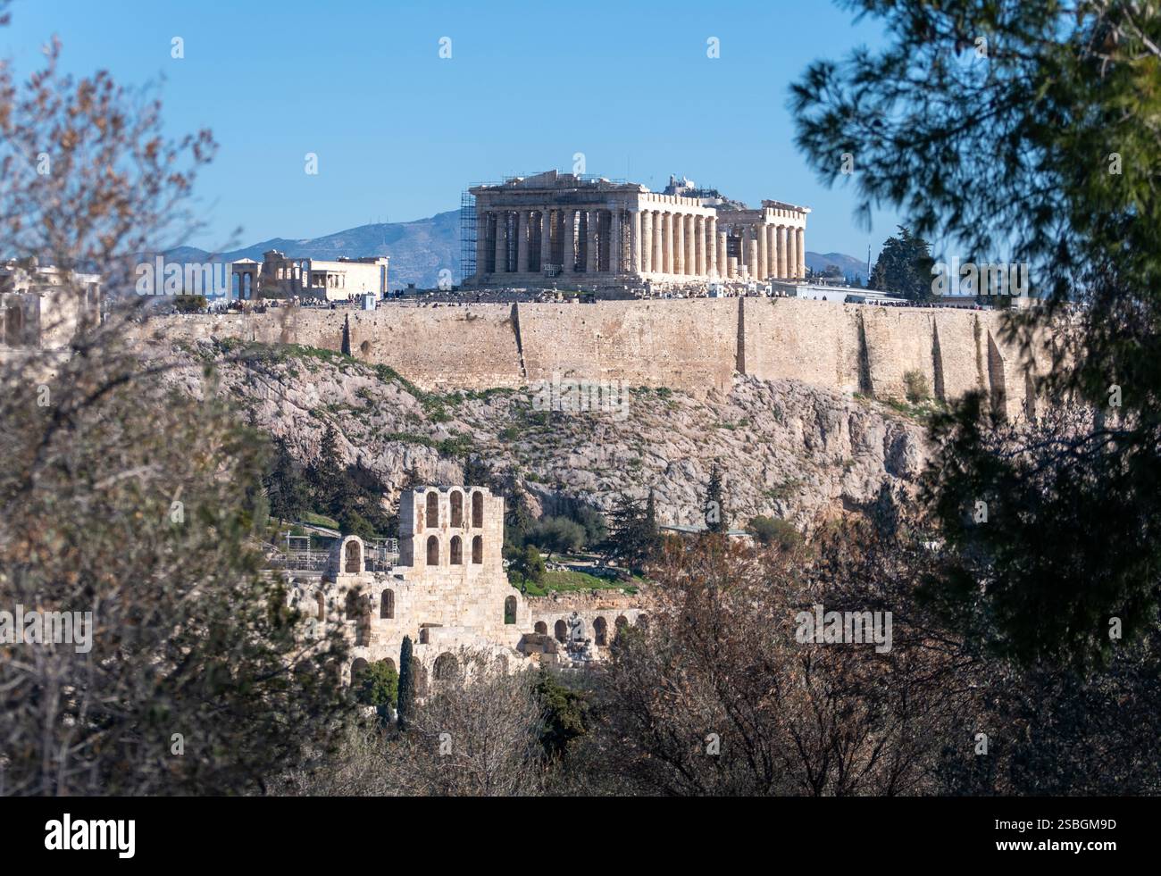Acropolis of Athens Greece rock, Parthenon and Herodeion on blue sky ...