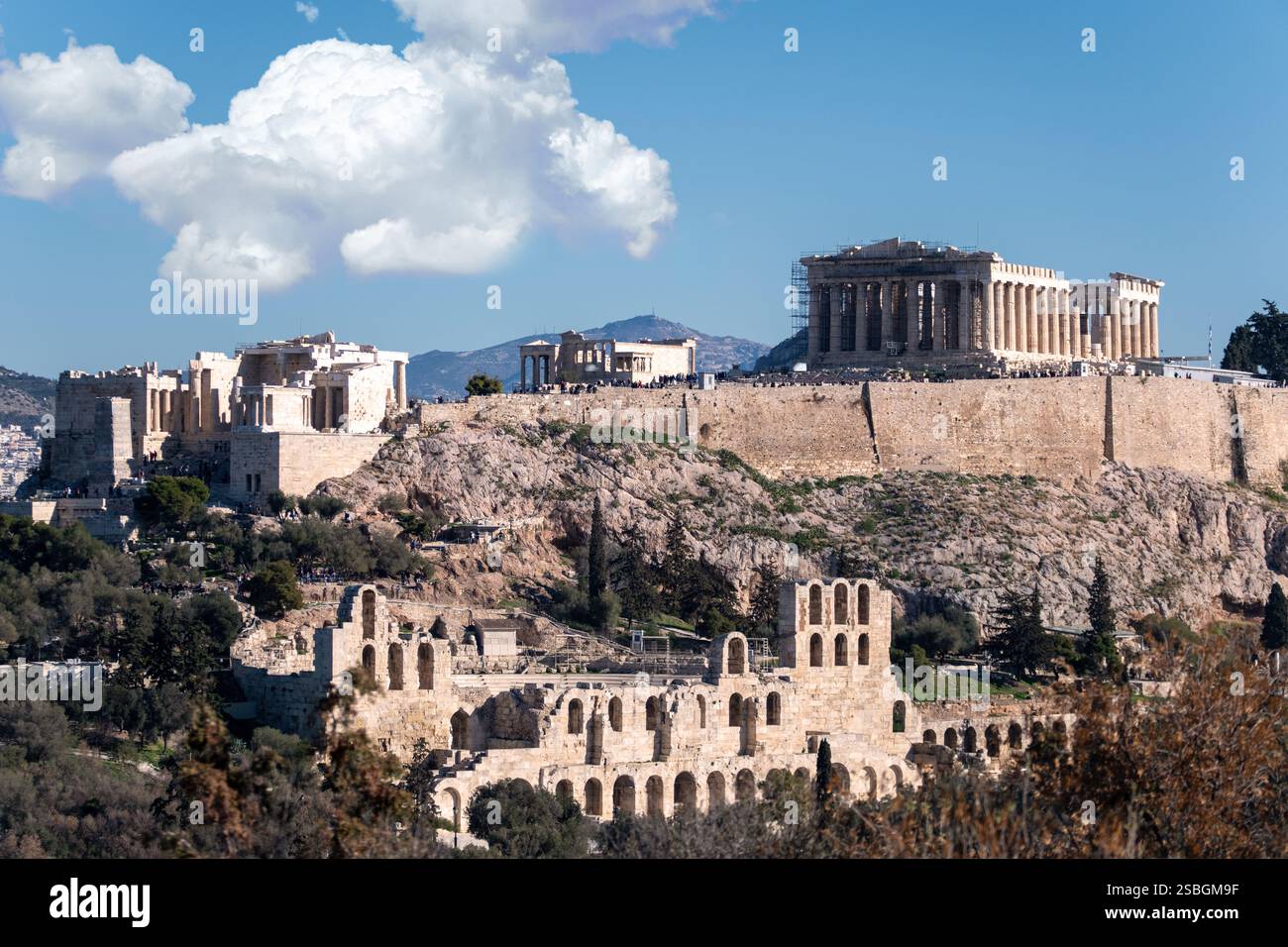 Athens, Greece. Parthenon and Propylaea, Acropolis hill and Herodeion, blue sky. View from ...