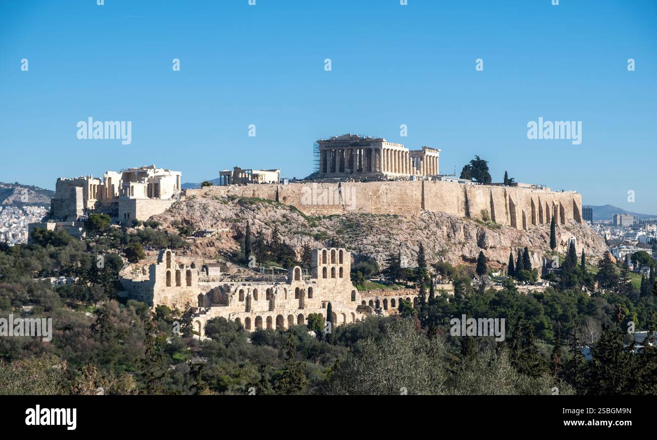 Athens, Greece. Parthenon and Propylaea, Acropolis hill and Herodeion ...